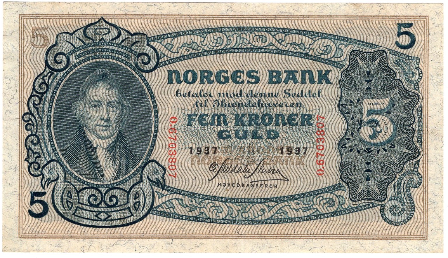 5 kroner 1937 O.6703807. Kv.0