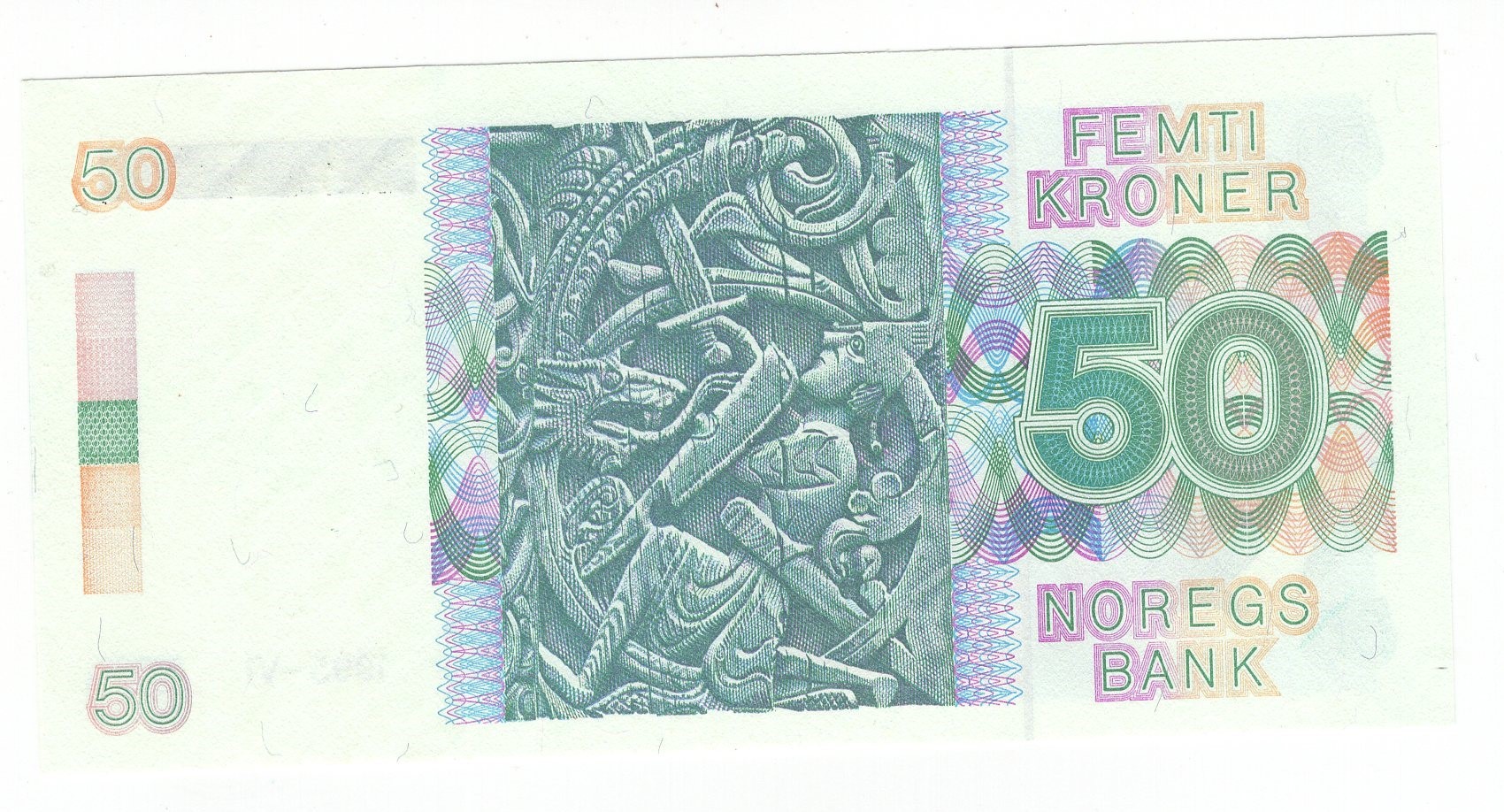 50 kroner 1995 6. utg. med sort overtrykk. Kv.0